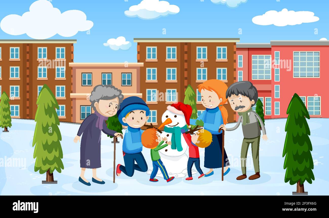 Outdoor winter scene with member of family illustration Stock Vector ...