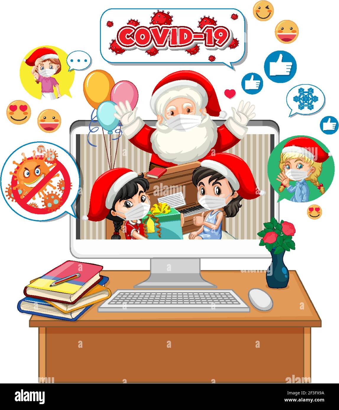 Santa Claus on computer display with social media icon illustration ...