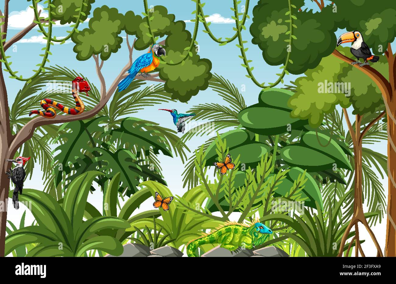 Forest scene with many tree and wild animal illustration Stock Vector ...