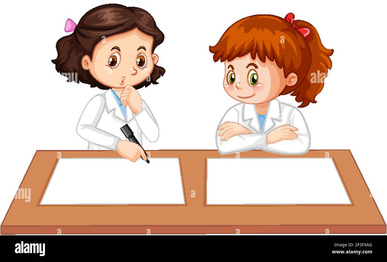 Two young scientist uniform with blank paper on the table illustration ...