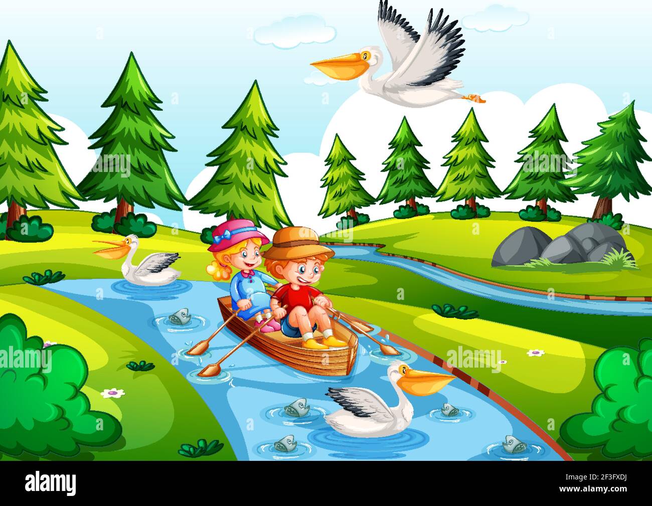 Two children row the boat in the river park scene illustration Stock ...