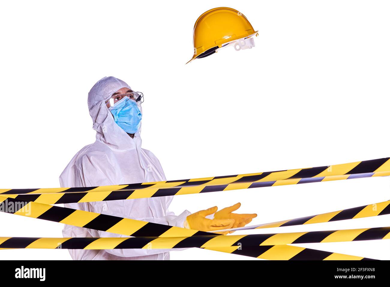 Health worker for the corona virus pandemic, surrounded by security ...