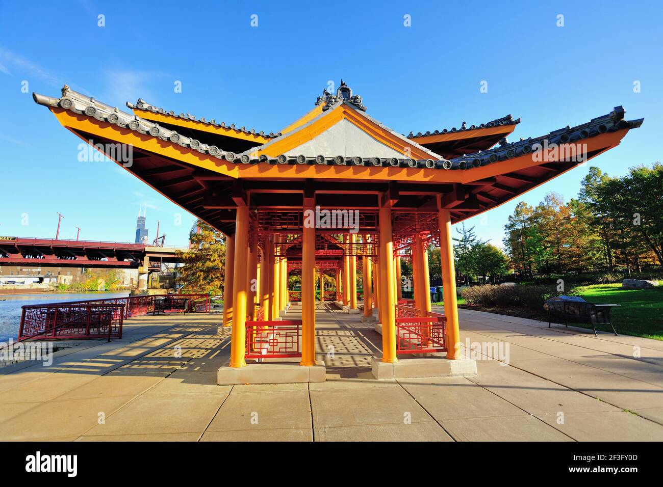 Chicago, Illinois, USA. Chinese pagoda in Ping Tom Memorial Park in the ...