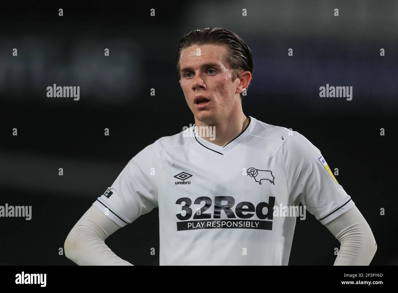 Derby, UK. 16th Mar, 2021. Max Bird #8 of Derby County during the game ...