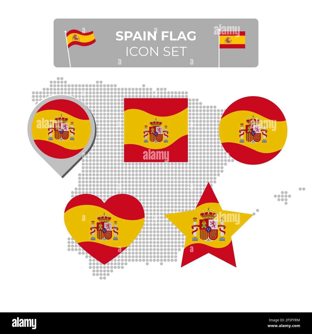 Spain flag icons set in the shape of square, heart, circle, stars and ...