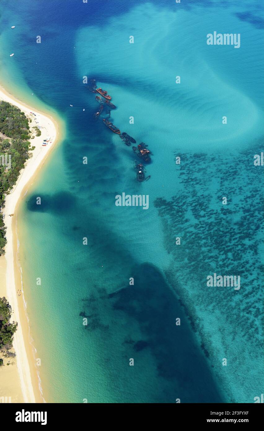 Aerial view of the Tangalooms wrecks by Moreton island in Queensland ...