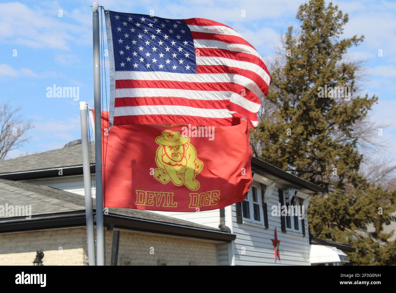US Marine Corps Devil Dogs flag with US Flag above it on a sunny day ...