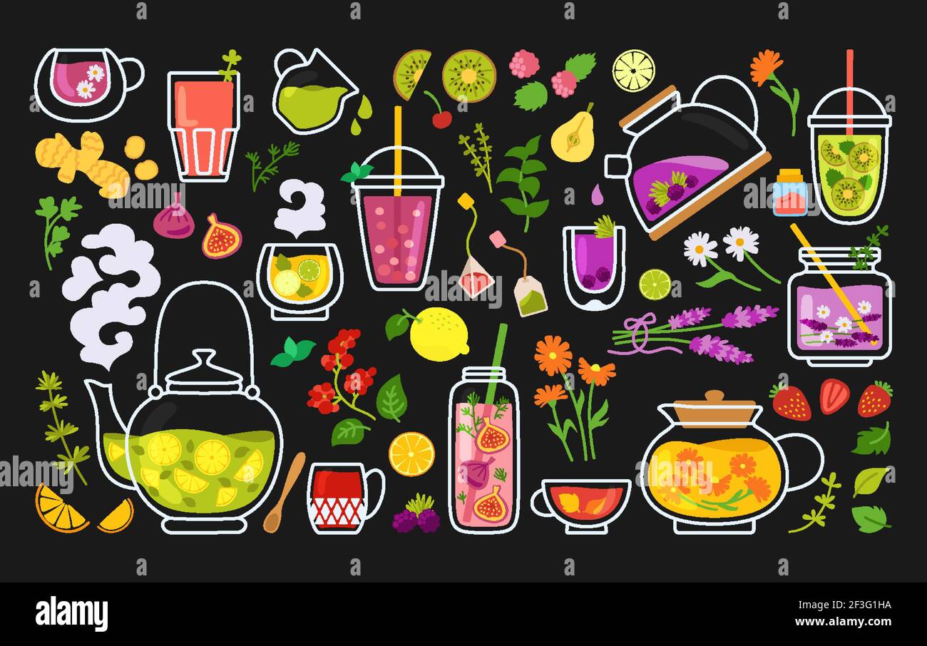 Cup of tea and cocktails cartoon set. Tea time mug teapot and herbs ...