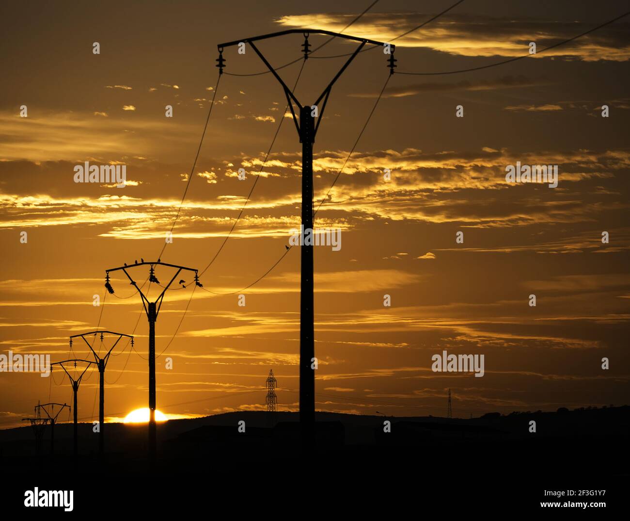 the telecommunication towers connected with wires at sunset with the ...