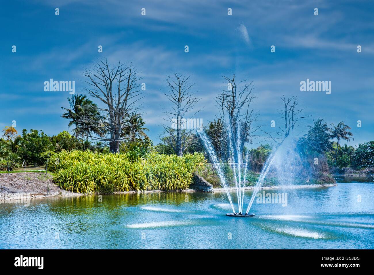 A lake with spouting fountain at the Miami-Dade County Redland Fruit ...