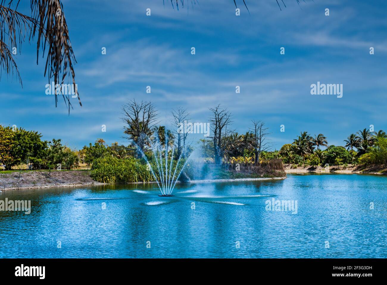 A lake with spouting fountain at the Miami-Dade County Redland Fruit ...