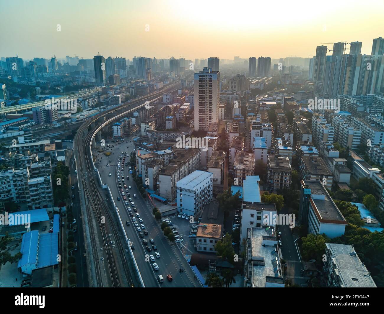 Aerial photography of Nanning city, old city and railway viaduct in ...