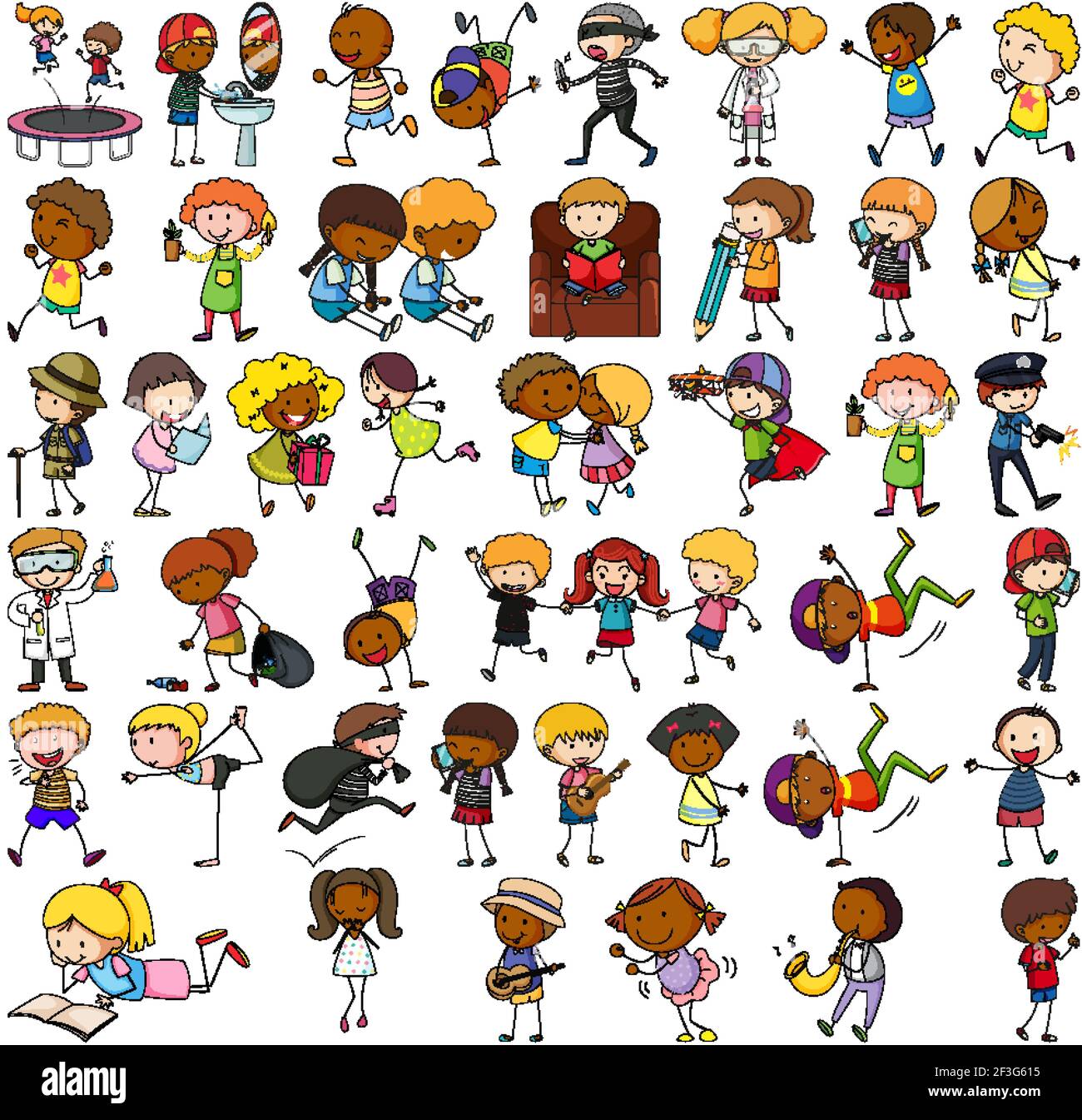 Set of different doodle kids cartoon character illustration Stock ...