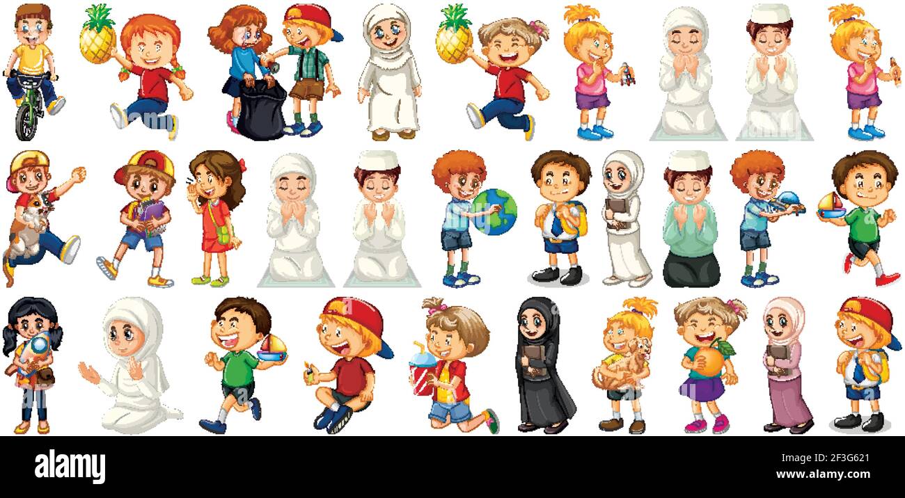 Children doing different activities cartoon character set on white ...