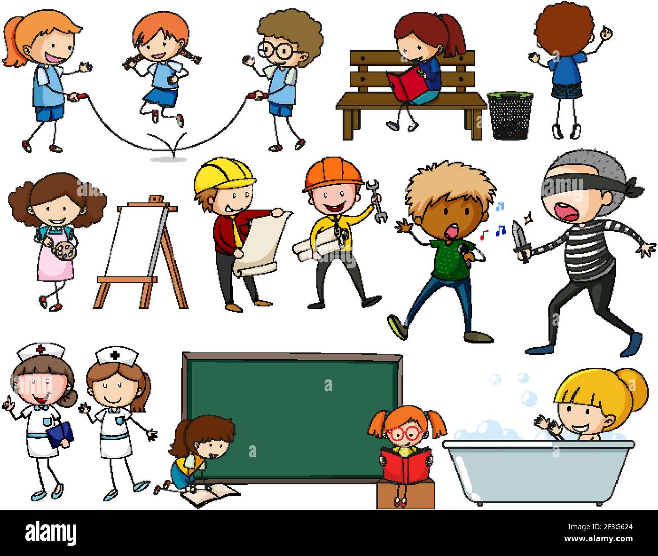 Set of different doodle kids cartoon character illustration Stock ...