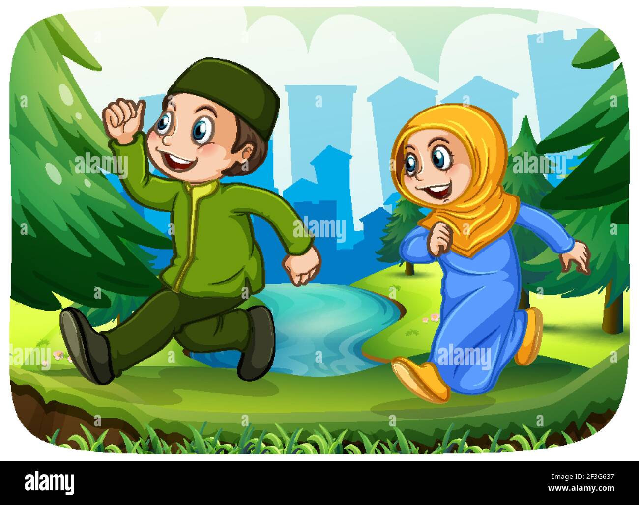 Muslim sister and brother cartoon character illustration Stock Vector ...