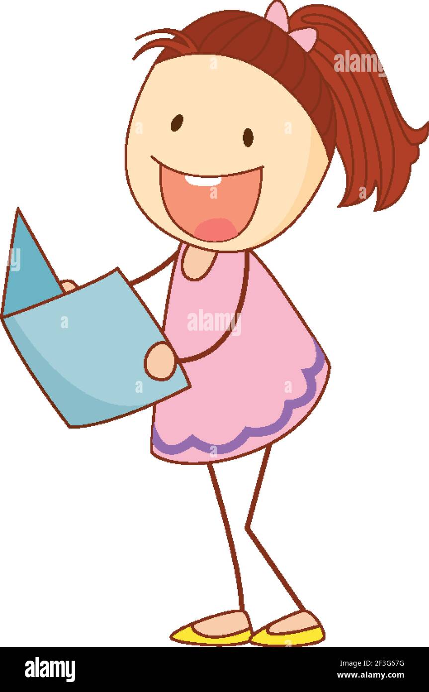 A doodle kid reading a book cartoon character isolated illustration ...