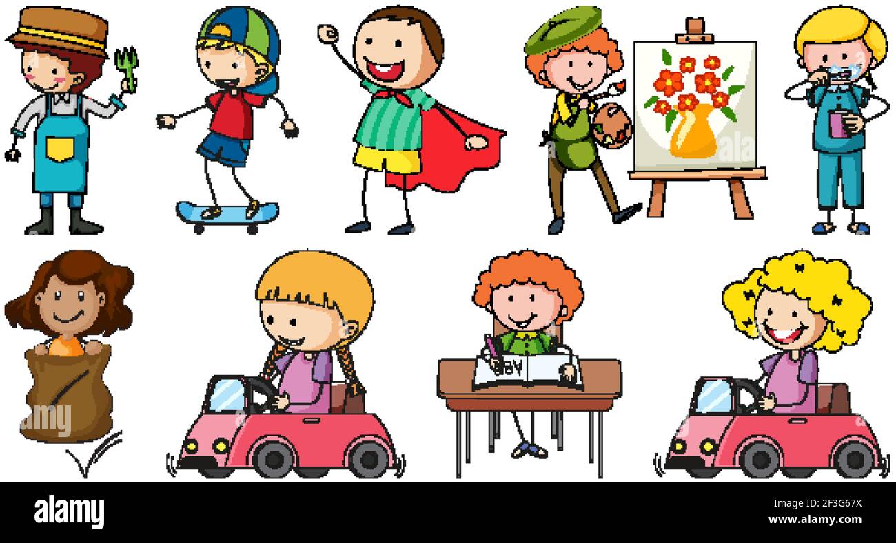 Set of different doodle kids cartoon character isolated illustration ...