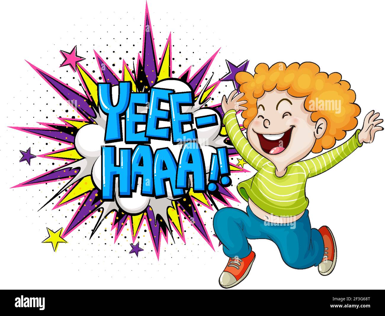 YEEE-HAAA word on bomb explosion with a boy cartoon character isolated ...