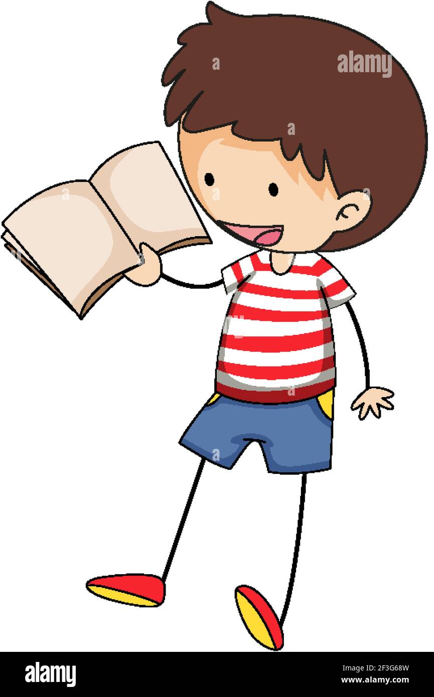 A doodle kid reading a book cartoon character isolated illustration ...