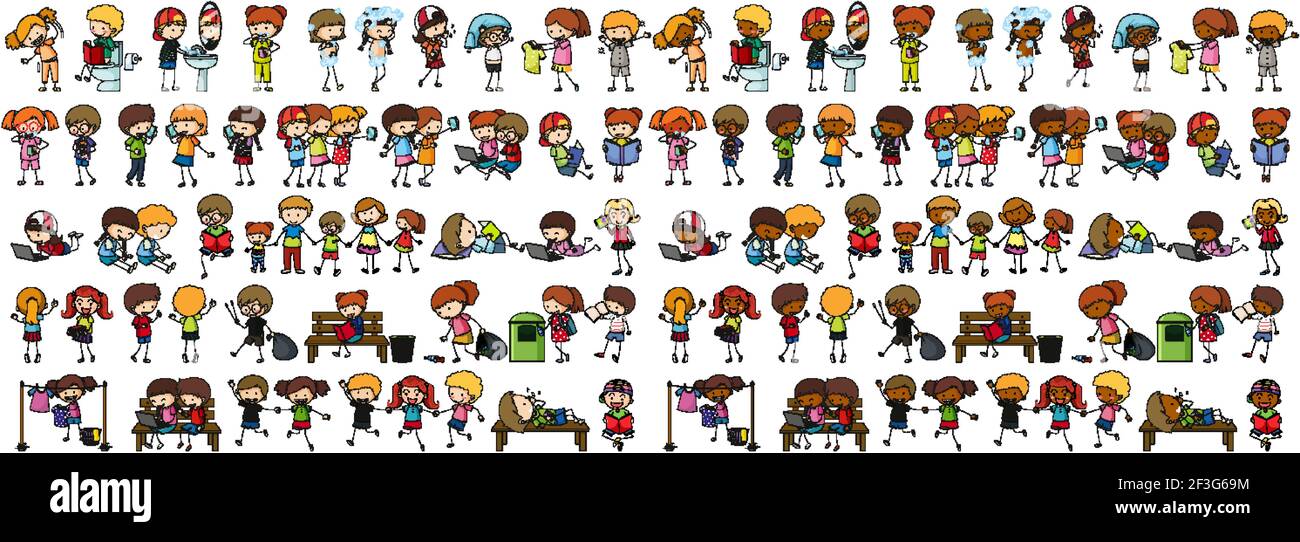 Set of different doodle kids cartoon character illustration Stock ...