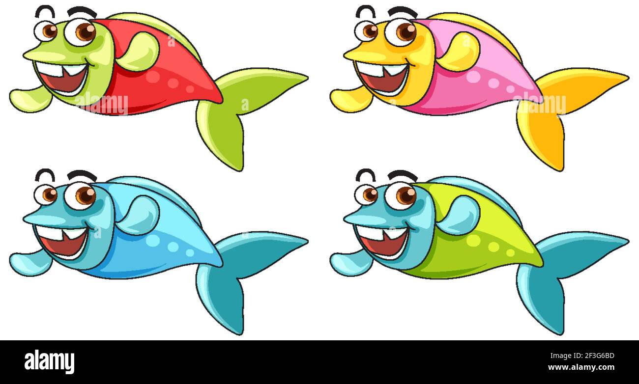 Set of many funny fishes cartoon character isolated on white background ...