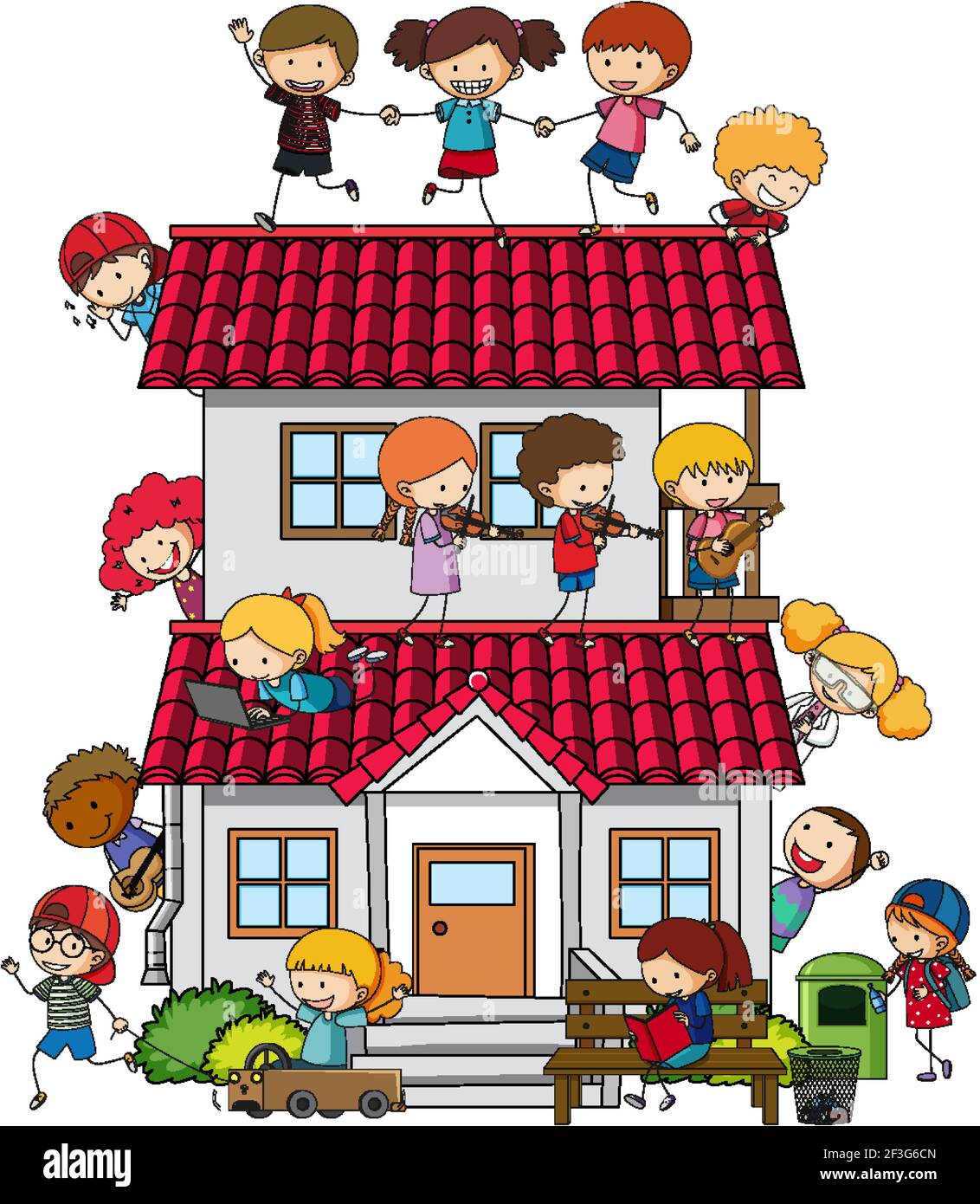 Many kids doing different activities around the house illustration ...