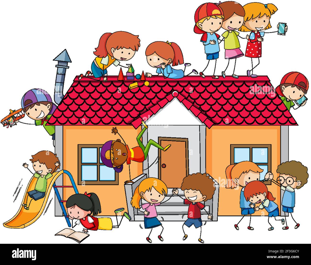Many kids doing different activities around the house illustration ...