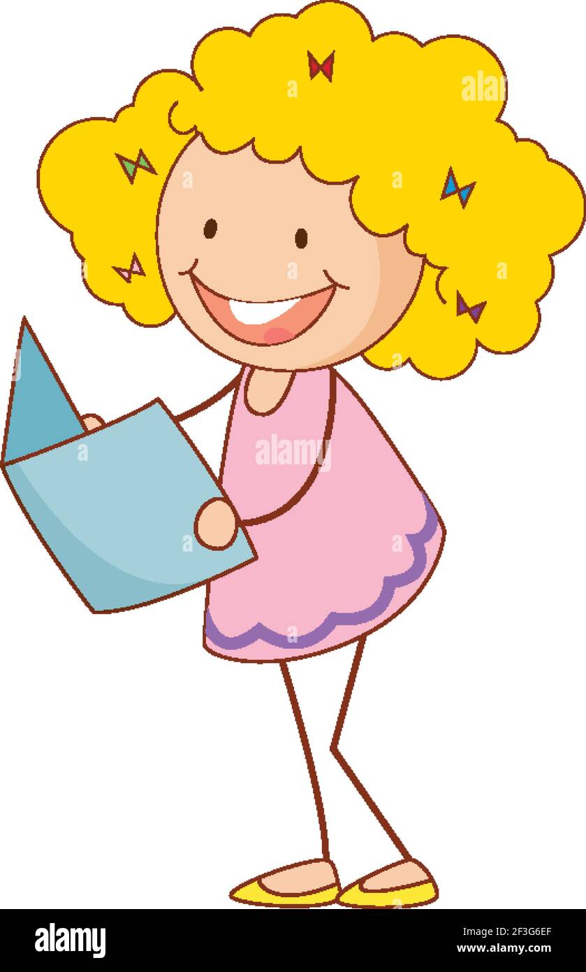 A doodle kid holding a book cartoon character isolated illustration ...