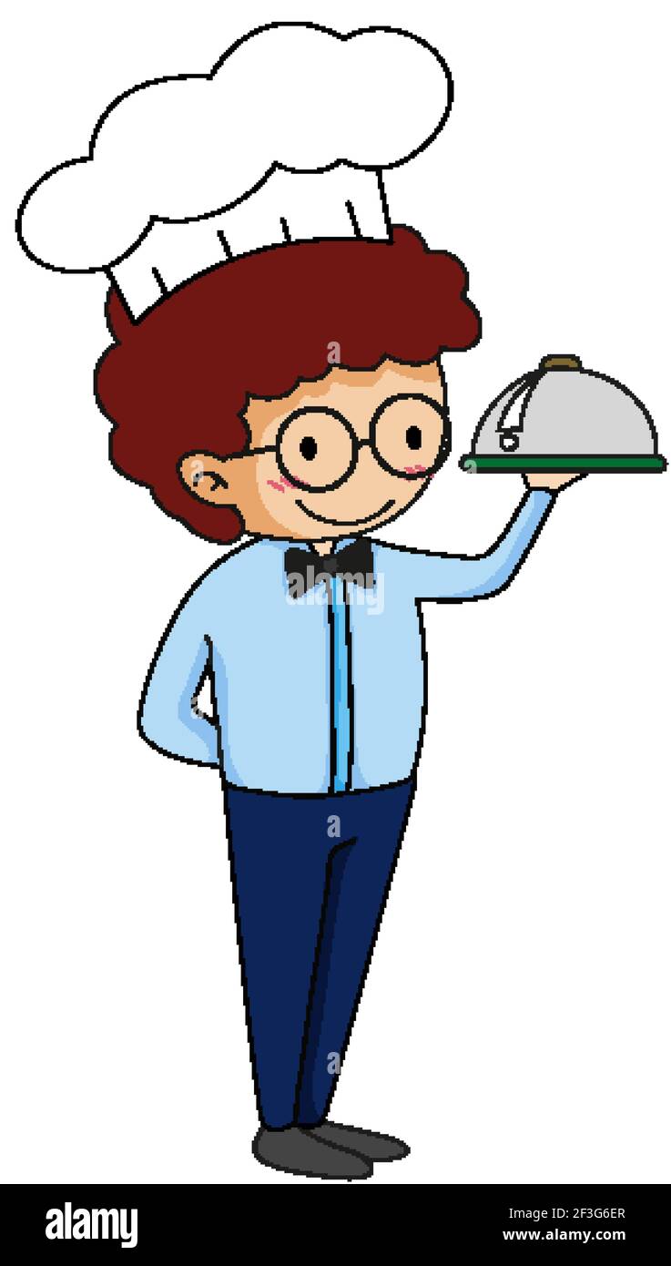 Little waiter serving food cartoon character illustration Stock Vector ...