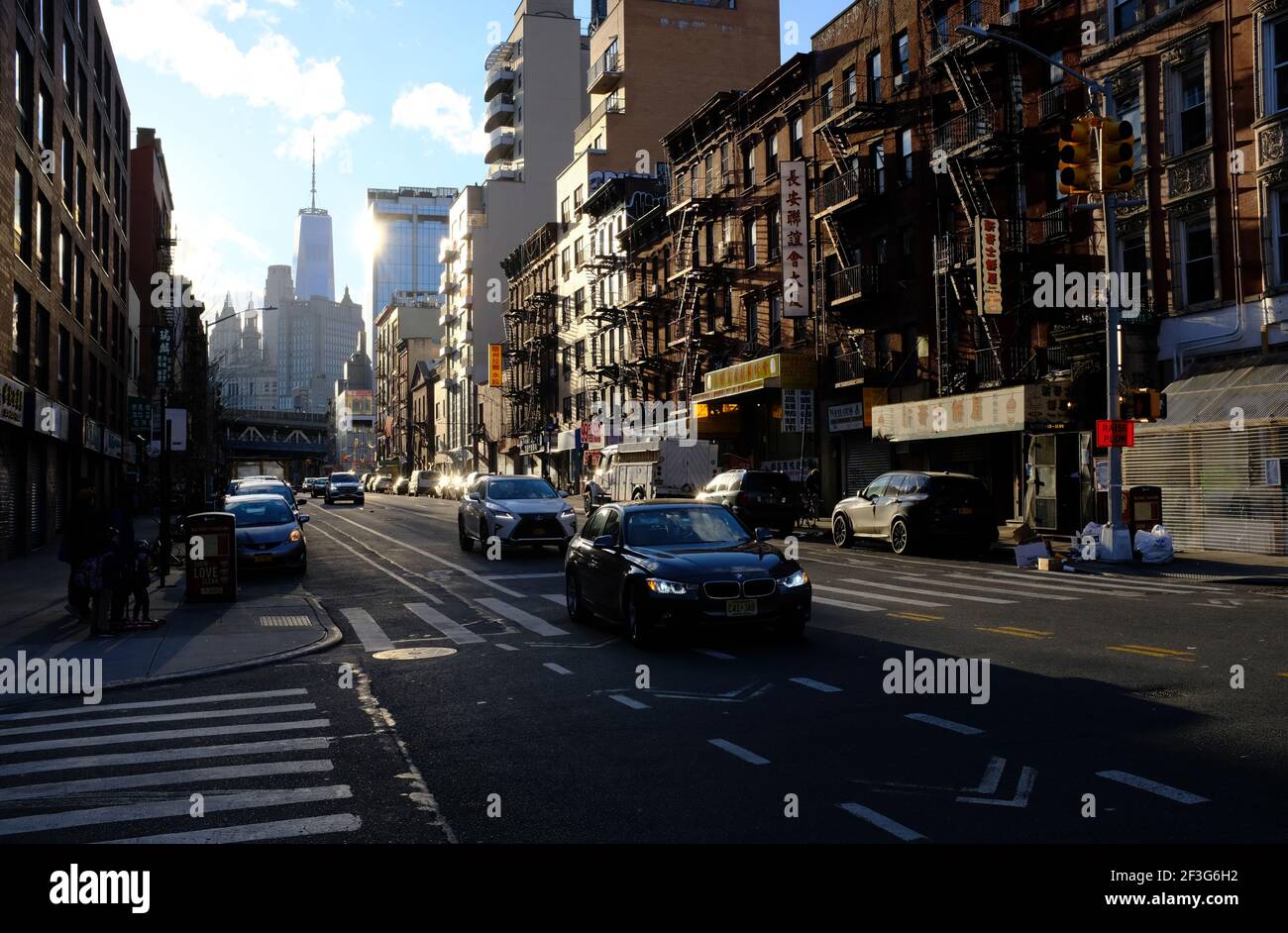 East Broadway with One World Trade Center in the background.Lower East ...