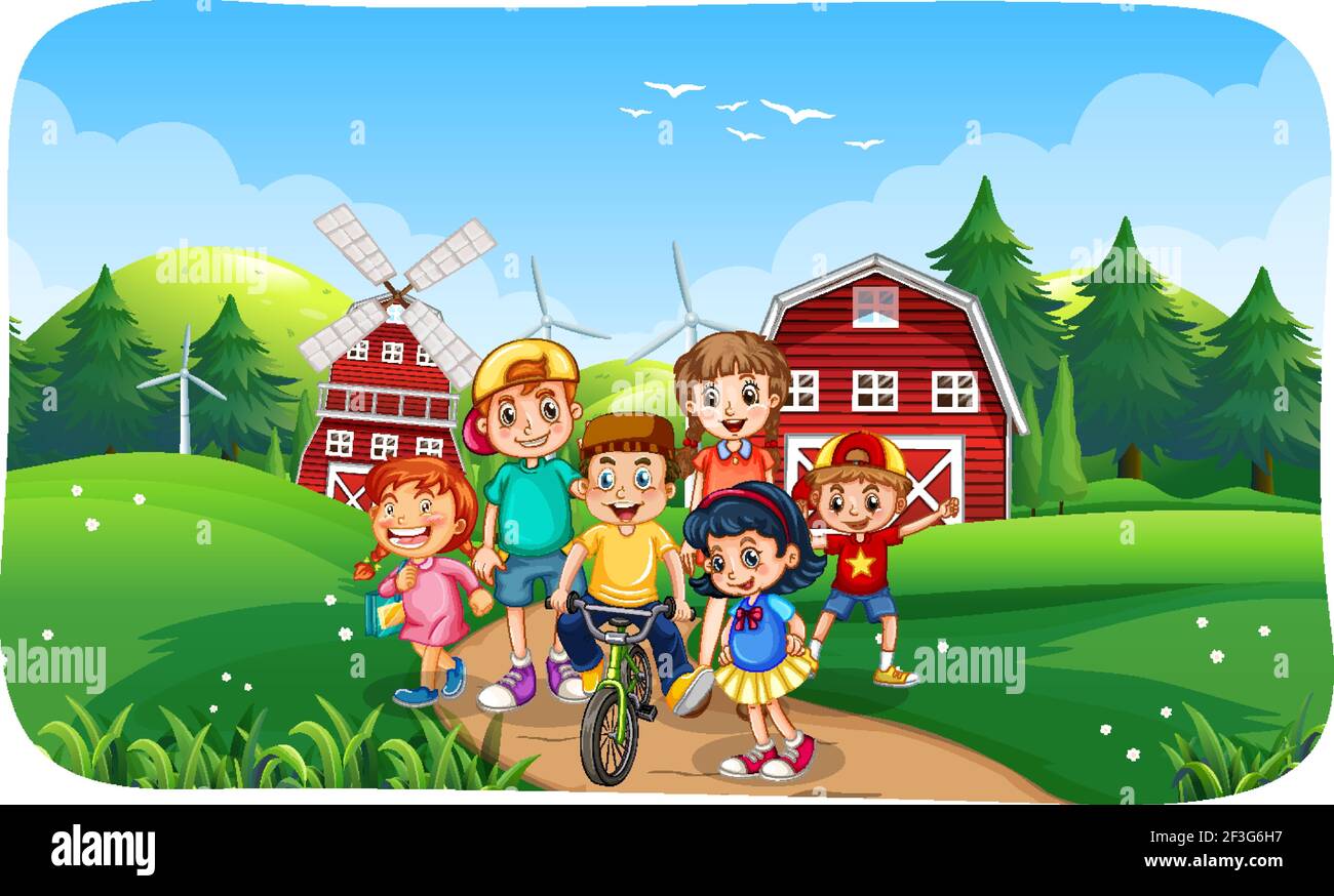 Farm scene with many children illustration Stock Vector Image & Art - Alamy