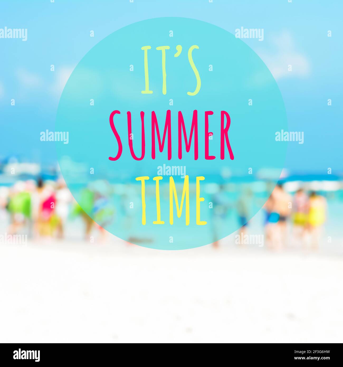 IT'S SUMMER TIME text on blur beach background with people in colorful ...
