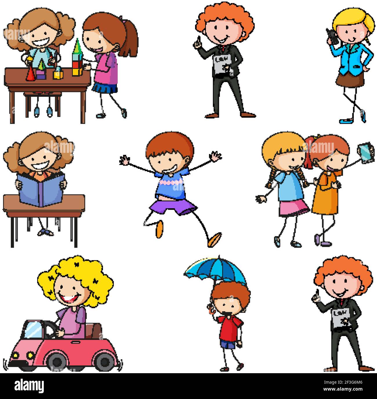 Set of different doodle kids cartoon character illustration Stock ...