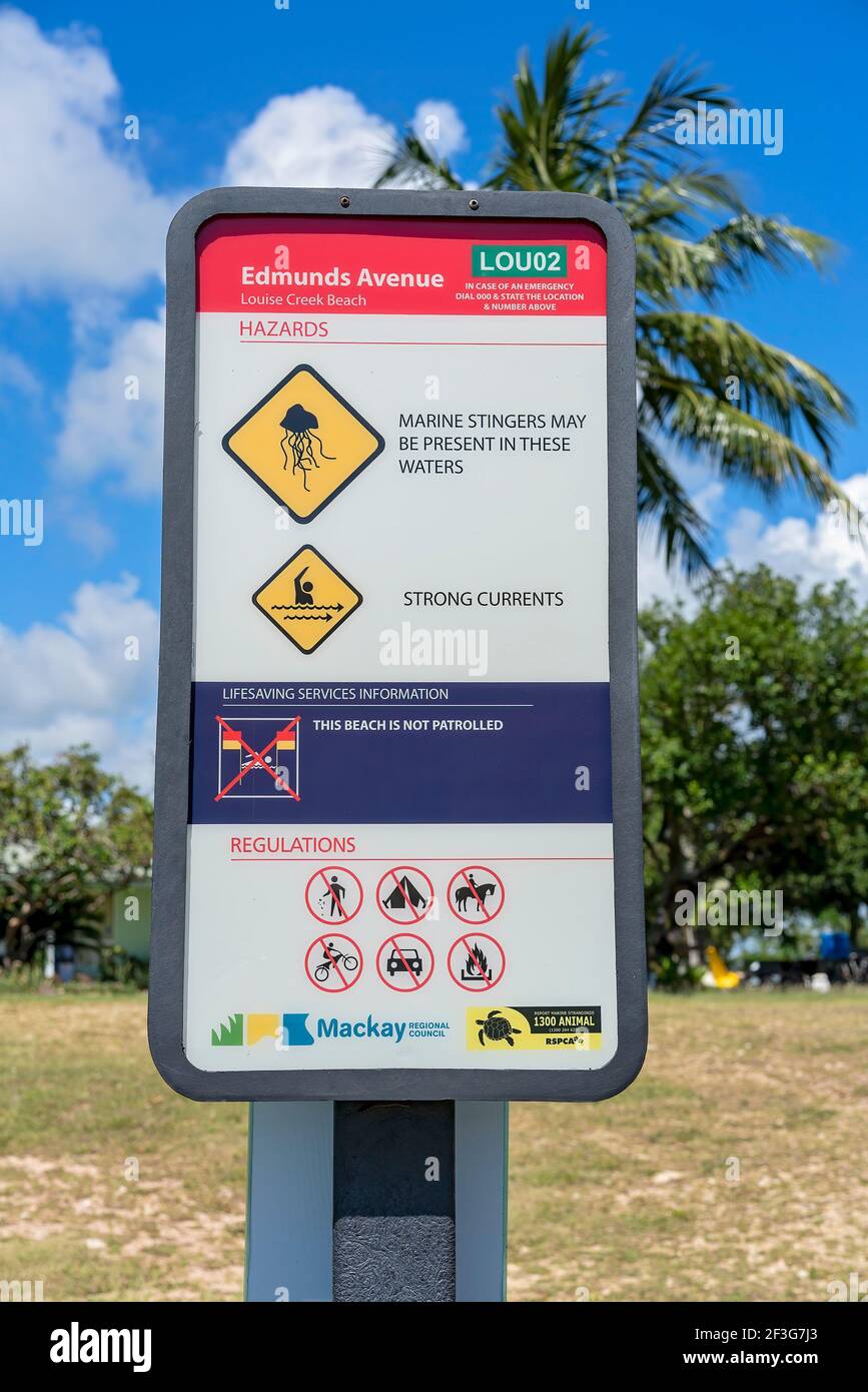 Mackay, Queensland, Australia - March 2021: Hazards warning beach sign ...