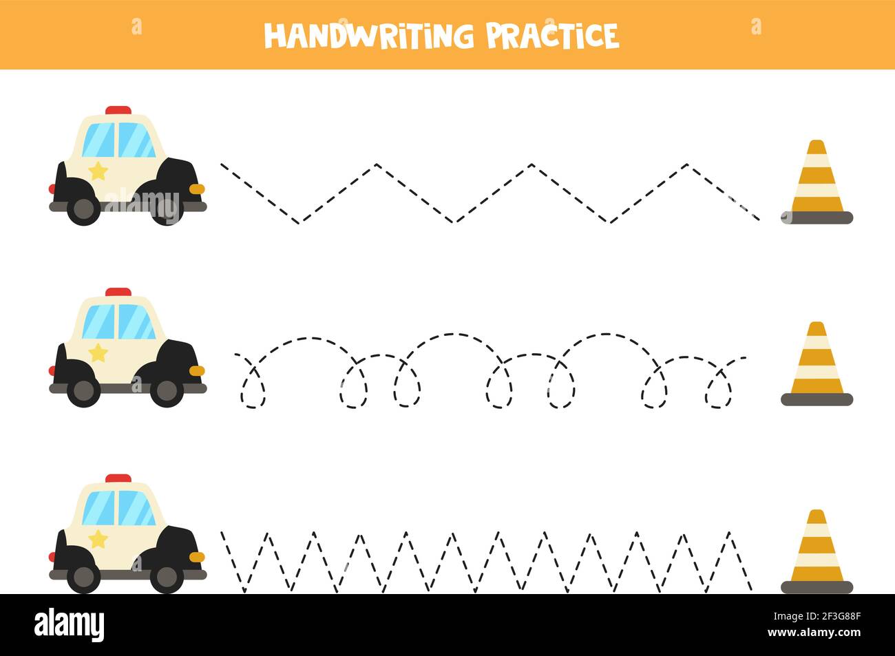 Tracing lines for kids with cartoon police car and traffic cones ...