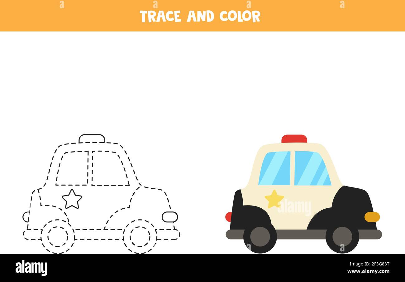 Trace and color cartoon police car. Educational game for kids. Writing ...