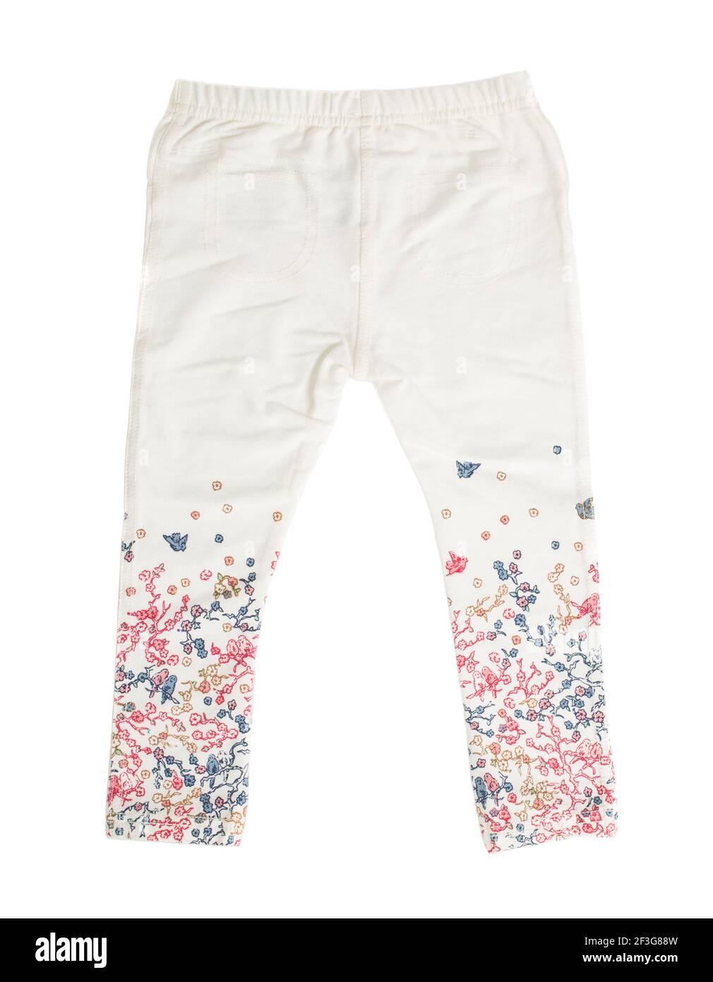 White denim jeans with floral pattern. Isolated on a white background ...
