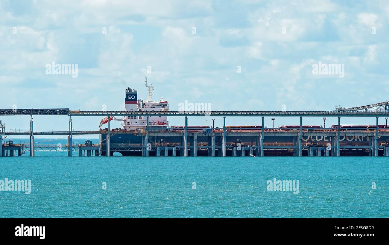 Mackay, Queensland, Australia - March 2021: Loading coal onto a ship ...