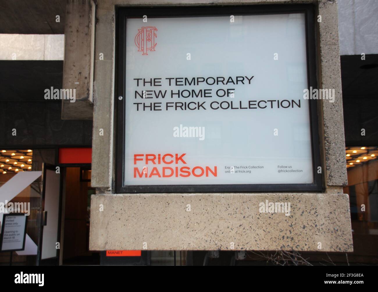 New York, USA. 04th Mar, 2021. A sign refers to the Frick Collection ...