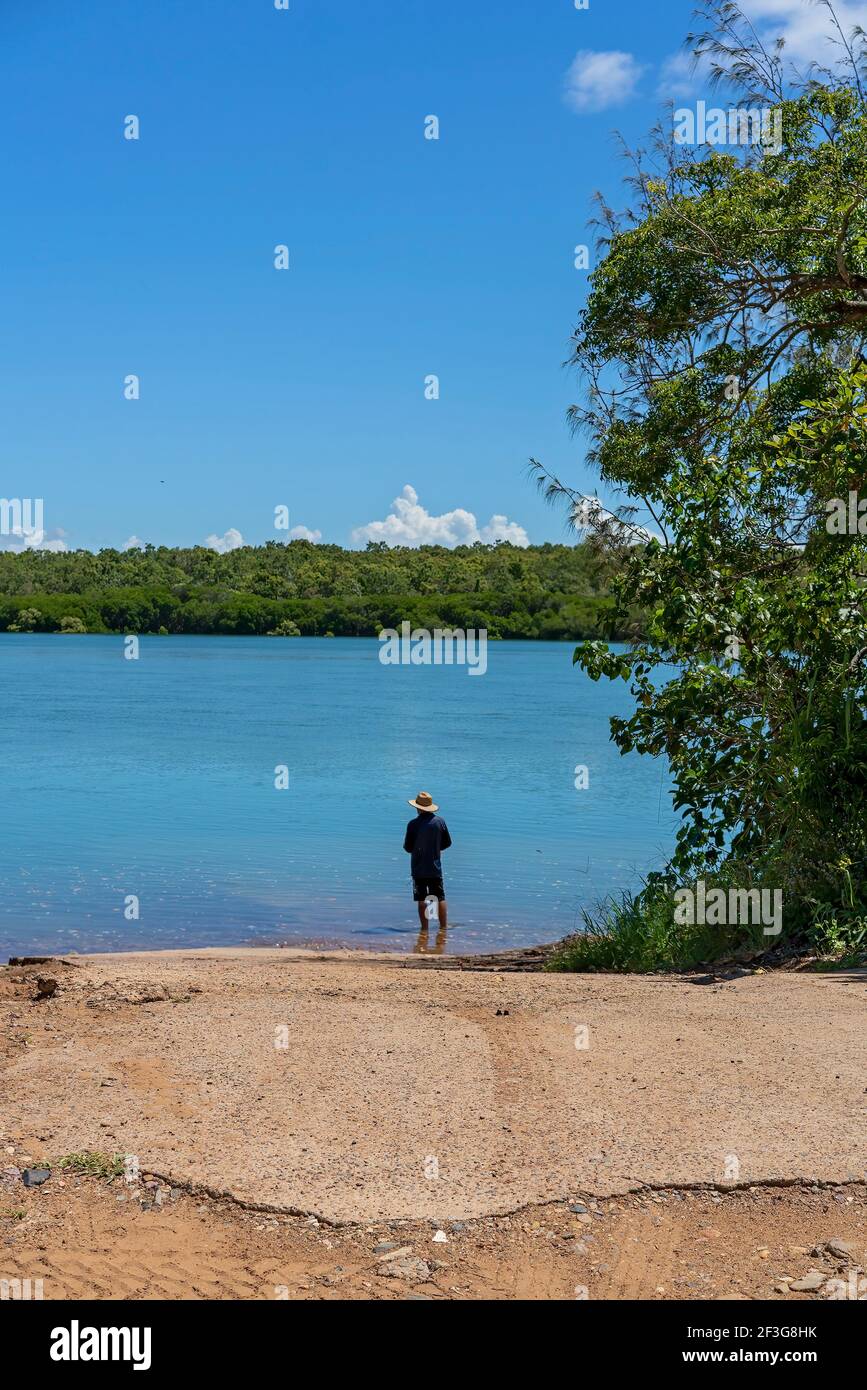 Mackay, Queensland, Australia - March 2021: Man fishing in front of a ...