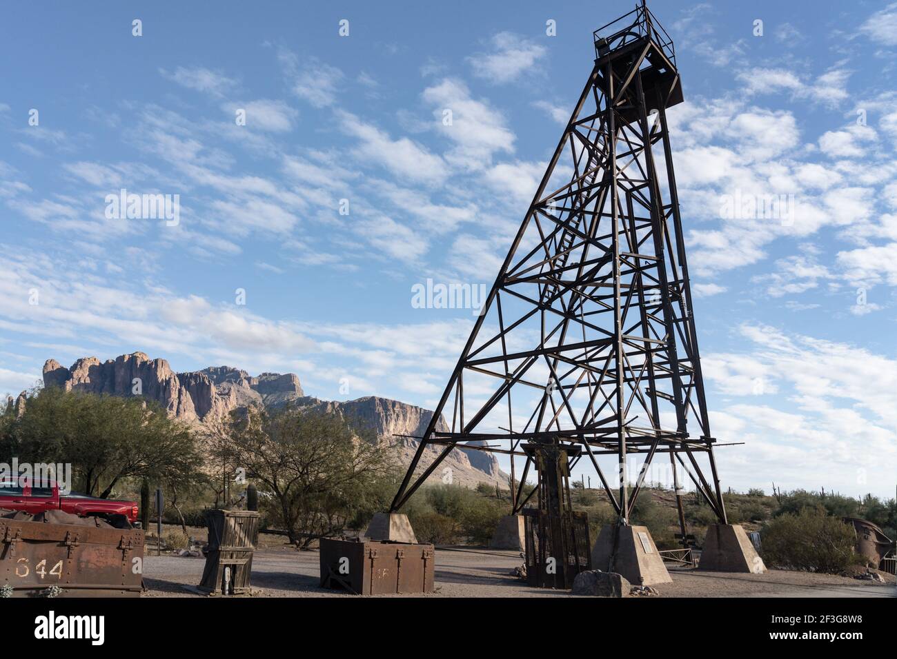 An authentic old mining headframe in the mining ghost town of Goldfield ...