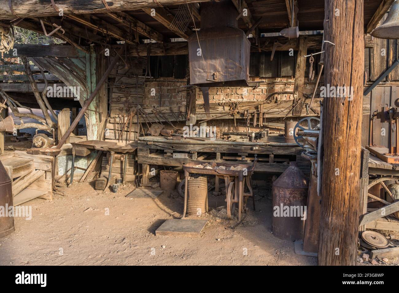 The old blacksmith shop with tools in the old mining ghost town of ...