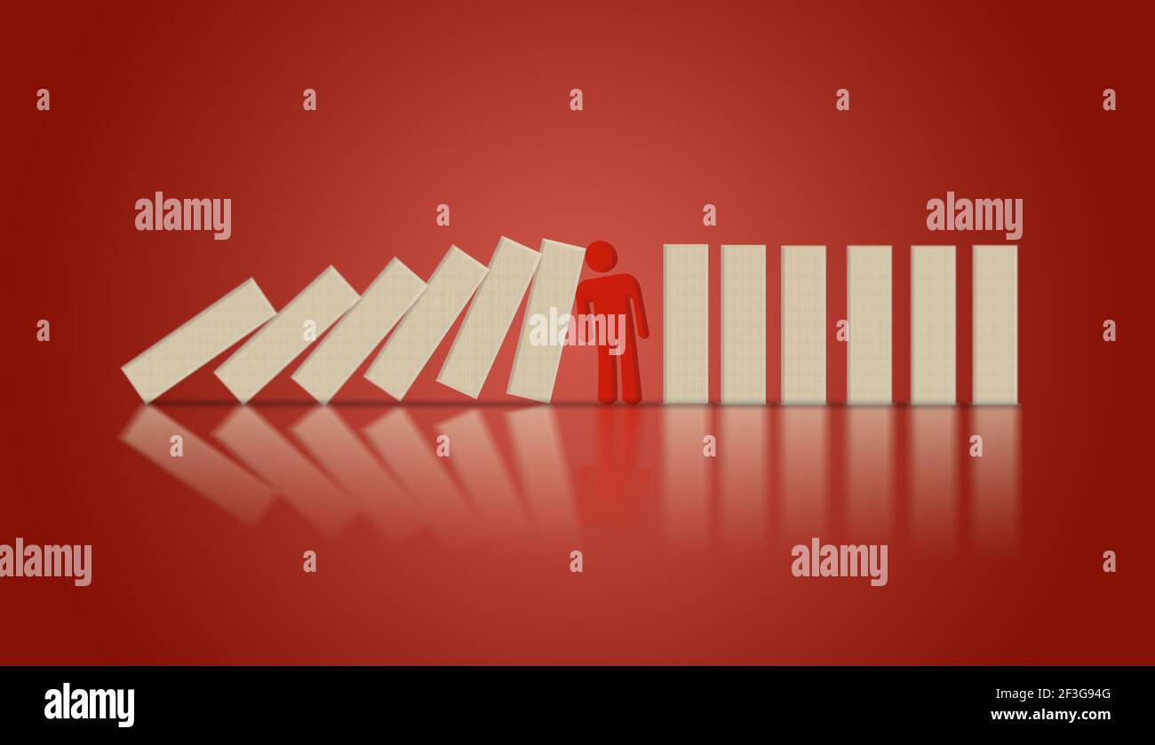 illustration of a businessman stopping wooden domino effect by his ...