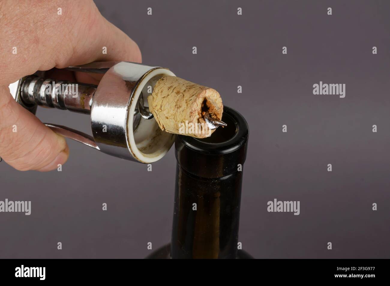 Wine bottle, hand with a corkscrew and a broken cork on a gray ...