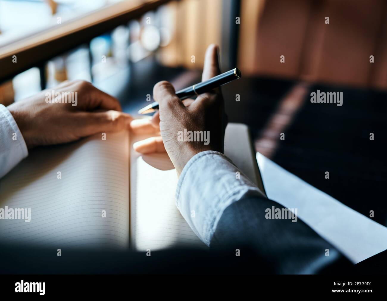 work desk documents cafe official finance manager Stock Photo - Alamy