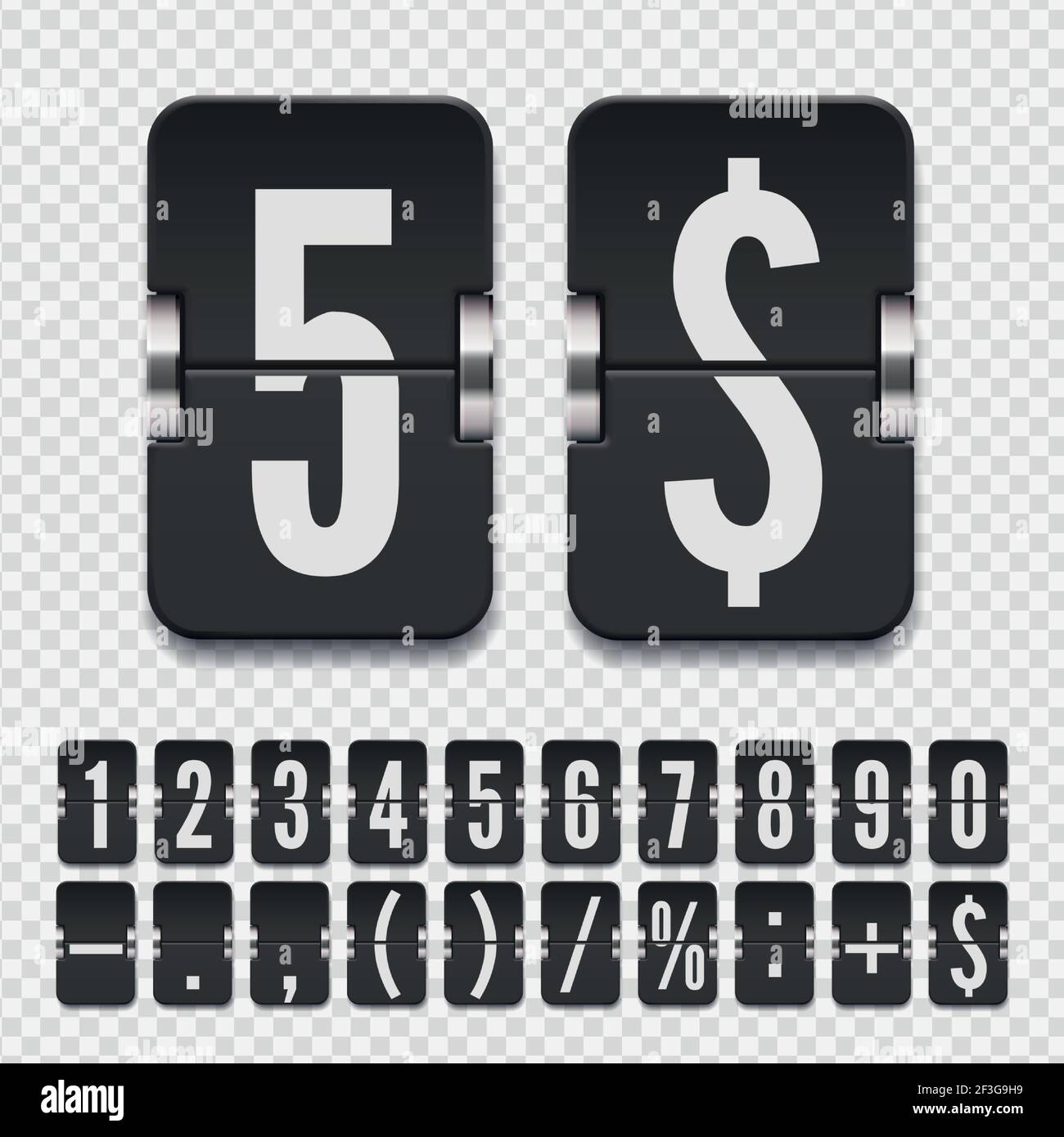 Set of black flip numbers and symbols on a mechanical scoreboard with ...