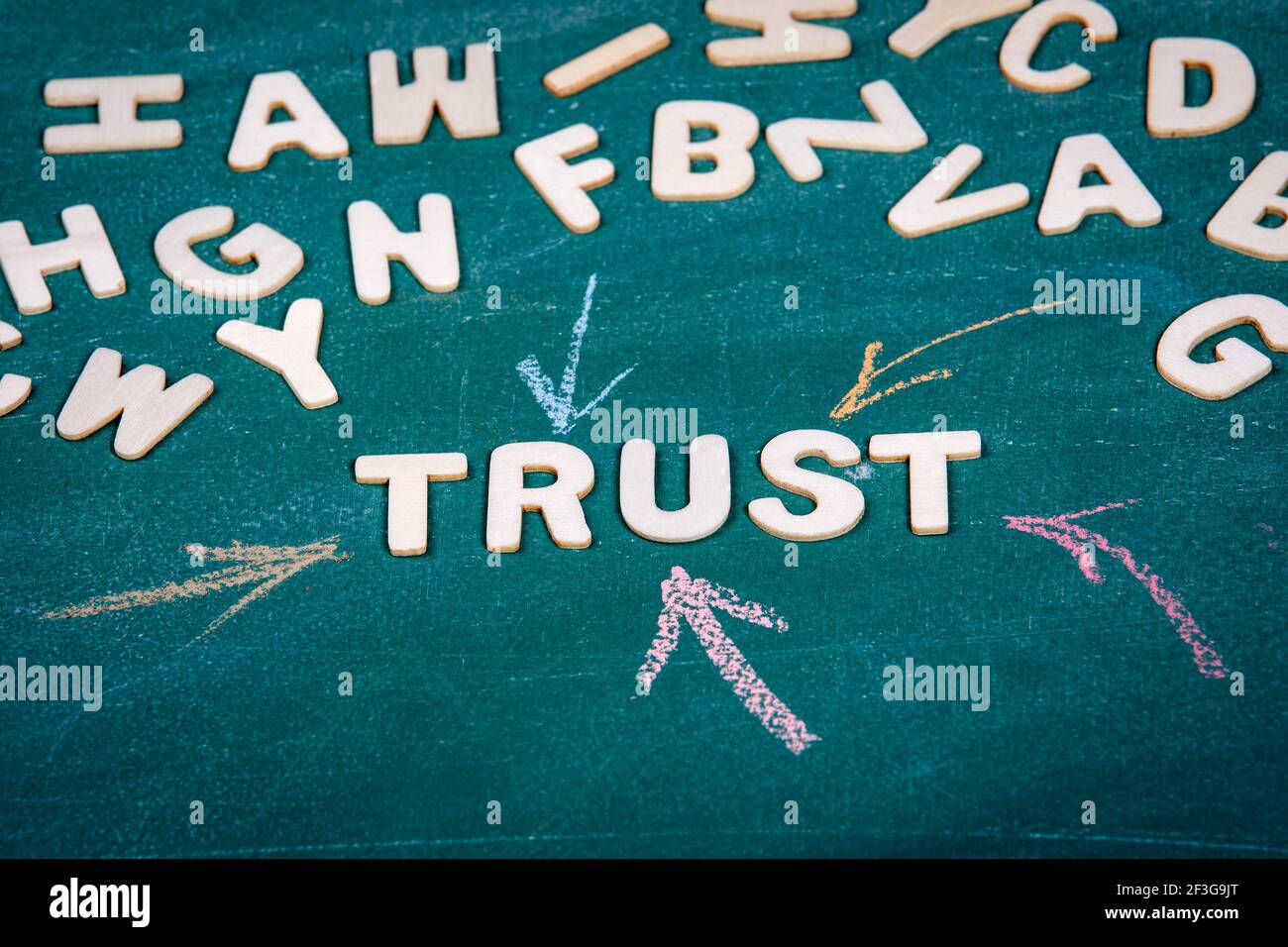 TRUST. Business concept. Green chalk board background Stock Photo - Alamy