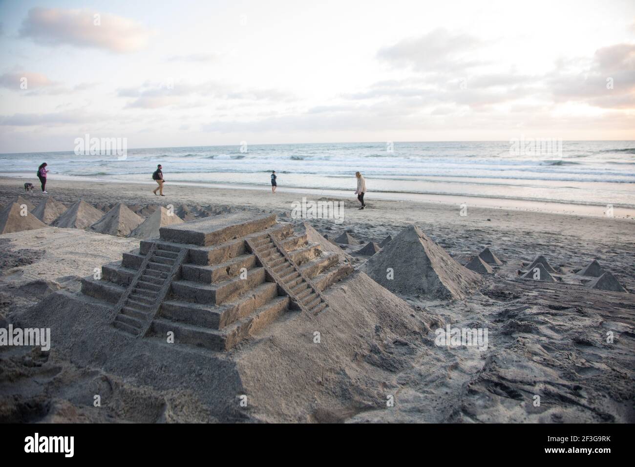 Miniature Aztec buildings made of sand on beach in California Stock ...