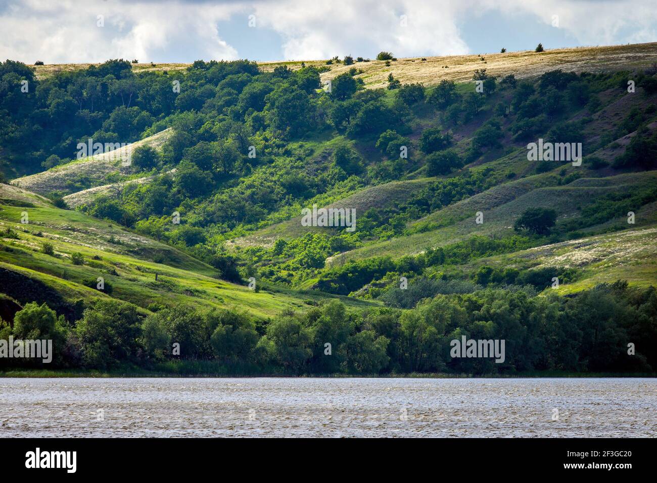 Panoramic view of the river Don and hills, slopes, steppe coast, gully ...